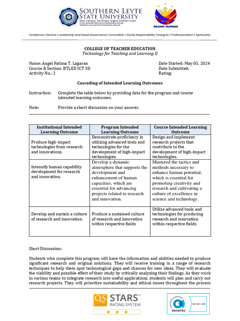 Cascading of Intended Learning Outcomes Lagaran | PDF | Innovation ...