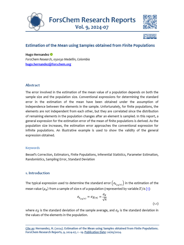 Estimation of The Mean Using Samples Obtained From Finite Populations | Download Free PDF ...