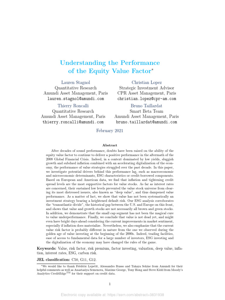 Understanding The Performance of The Equity Value Factor: Lauren Stagnol Christian Lopez | PDF ...