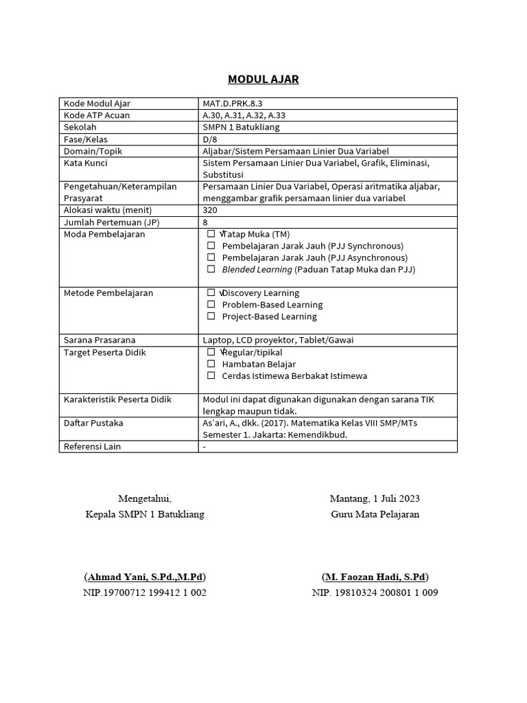MODUL AJAR MTK KELAS 8 (ALJABAR) Acc | PDF | Metode & Bahan Ajar | Seni