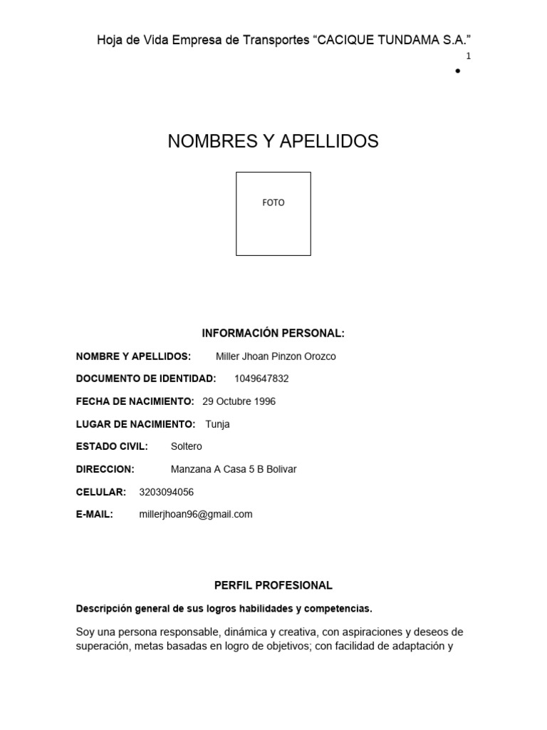 Formato Hoja de Vida Cargo Auxiliar Talento Humano - Docx Miller J | PDF