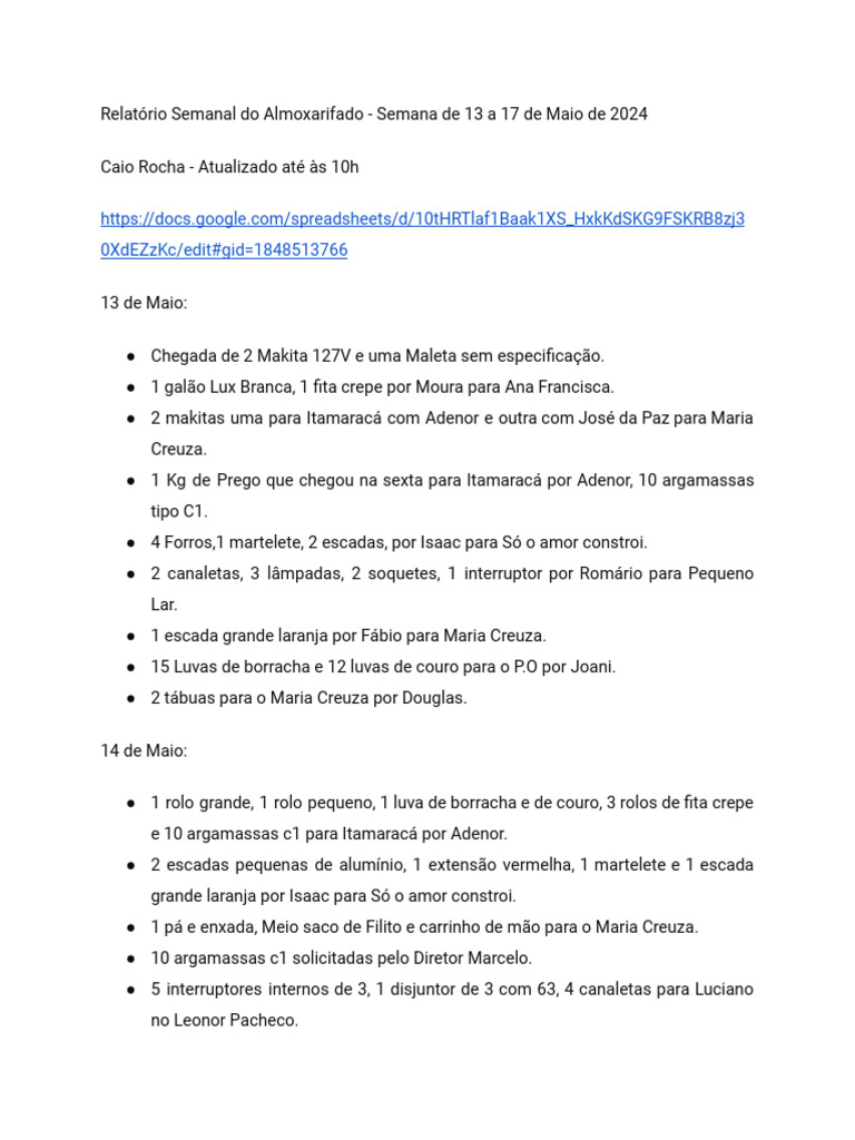 Relatório Semanal - 13 A 17 de Maio | PDF | Materiais