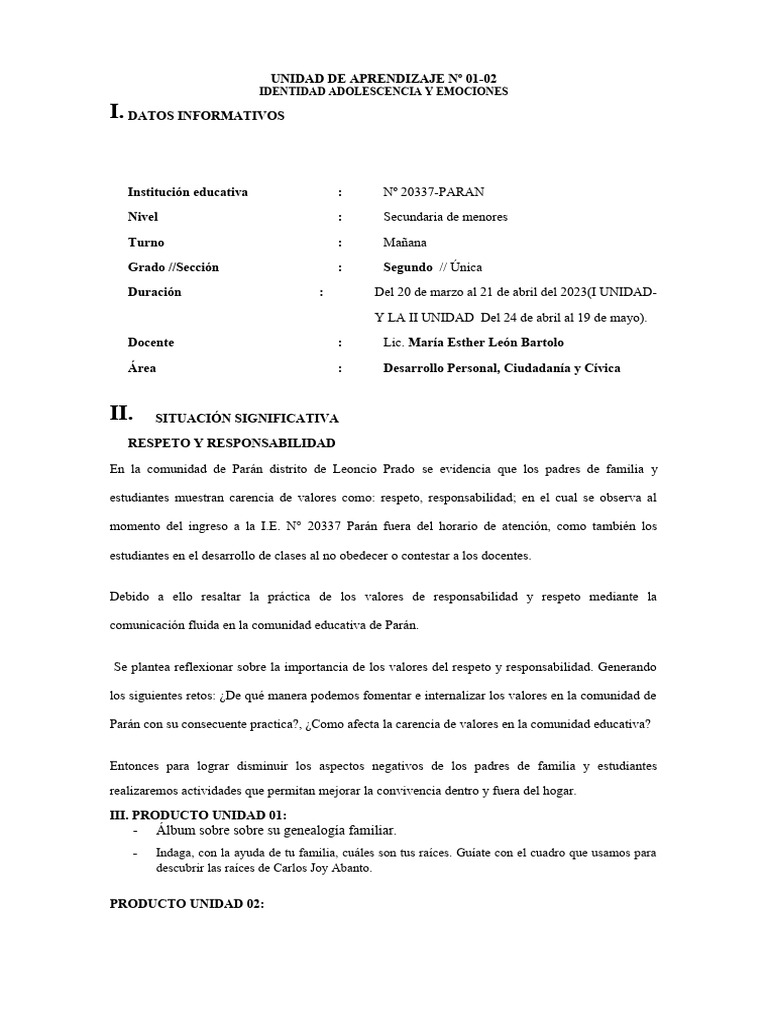 UNIDAD DE APRENDIZAJE 01-02 DPCC SEGUNDO AÑO | PDF | Evaluación | Aprendizaje