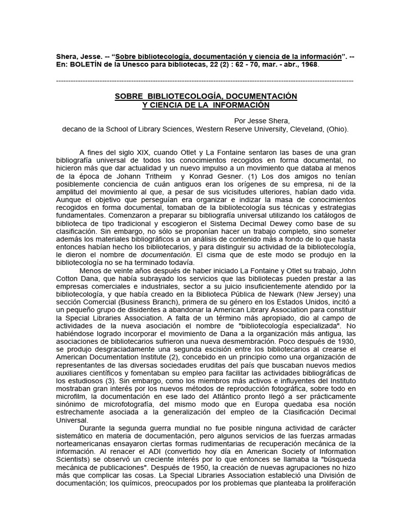 Shera Jesse - Sobre Bibliotecologia Documentacion y Ciencias de La ...