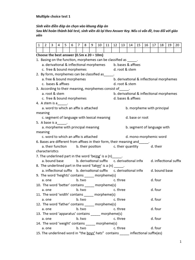 Morphemes Multiple Choice Test | PDF | Word | Syntax