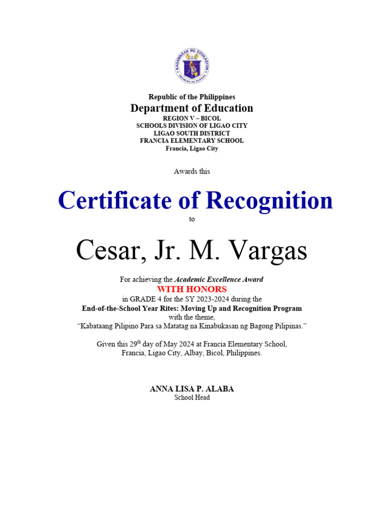 Grade 4 Honor Certs | PDF