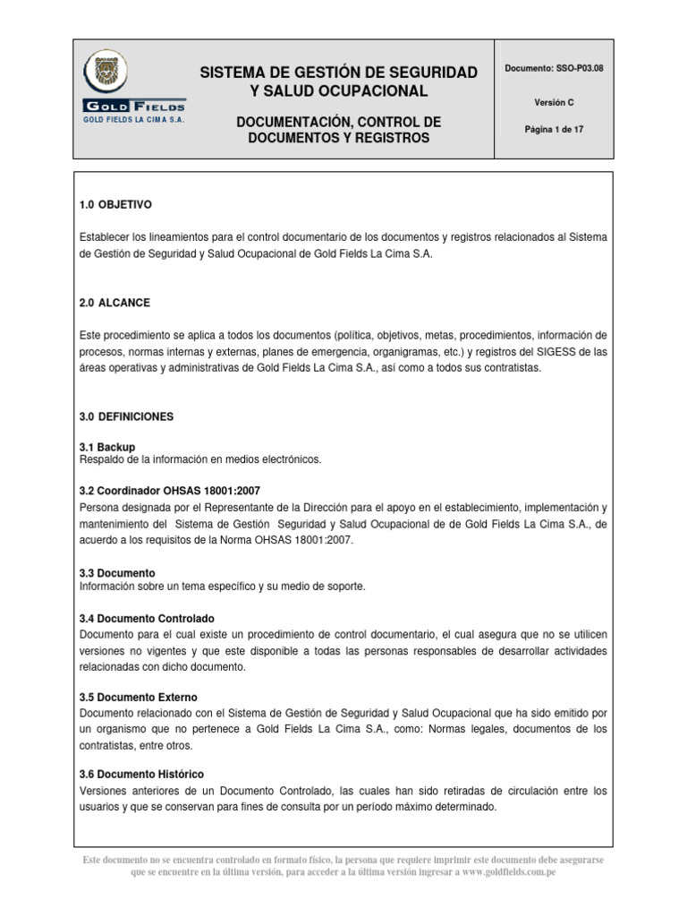 SSO-P 03.08 Documentacion, Control de Documentos y Registros | PDF | Seguridad y salud ocupacional