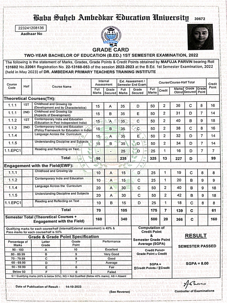 B.ed 1 ST Semester Marksheet | PDF