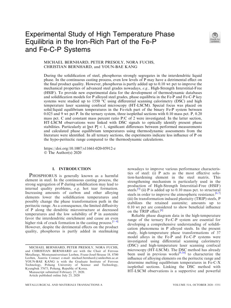 Experimental Study of High Temperature Phase Equilibria in The Iron-Rich Part of The Fe-P and Fe ...