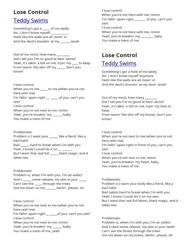 Lose Control - Teddy Swims Lyrics | PDF