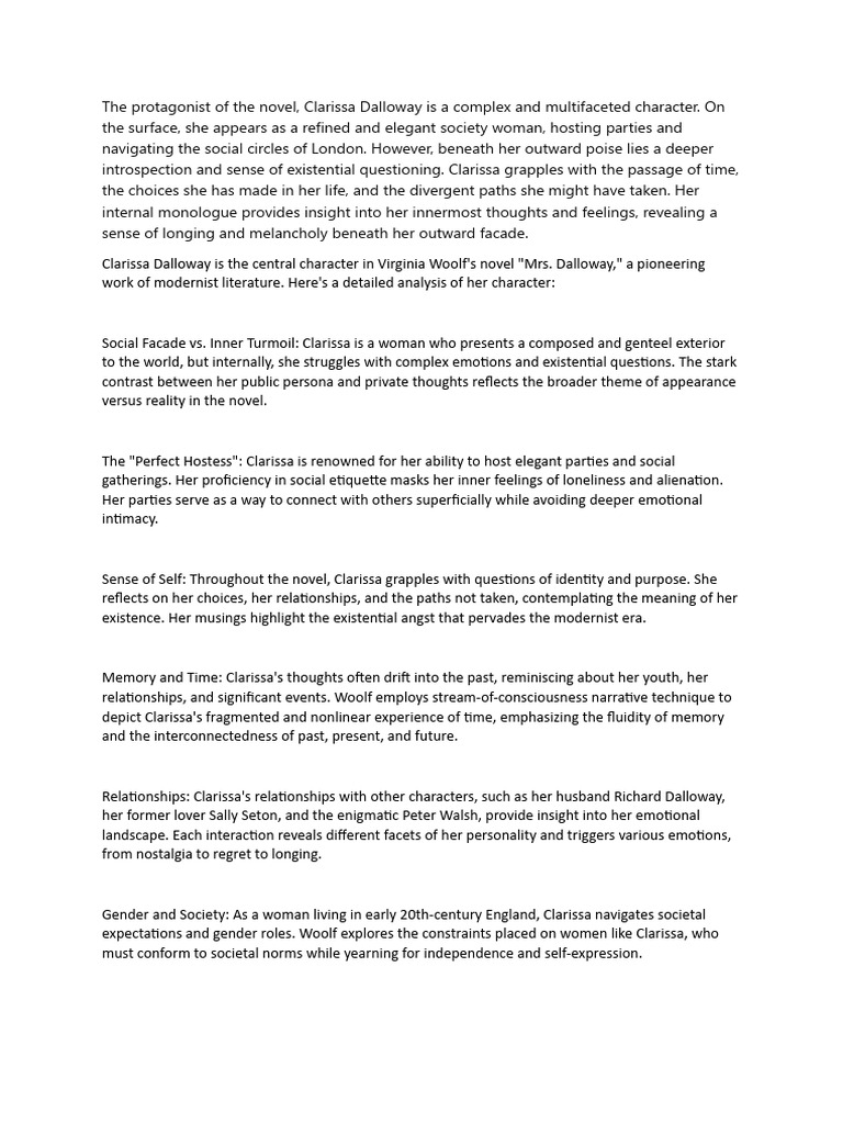 Clarissa Dalloway: A Character Analysis | PDF | Mrs Dalloway