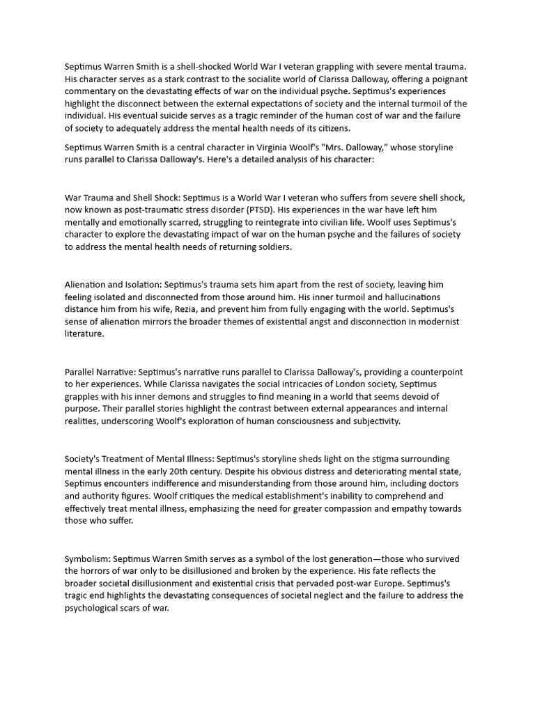 Septimus Warren Smith is a shell | PDF | Mrs Dalloway | Psychology