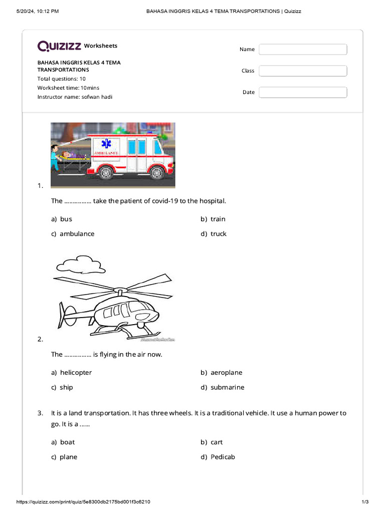 BAHASA INGGRIS KELAS 4 TEMA TRANSPORTATIONS - Quizizz | PDF | Transport | Land Transport