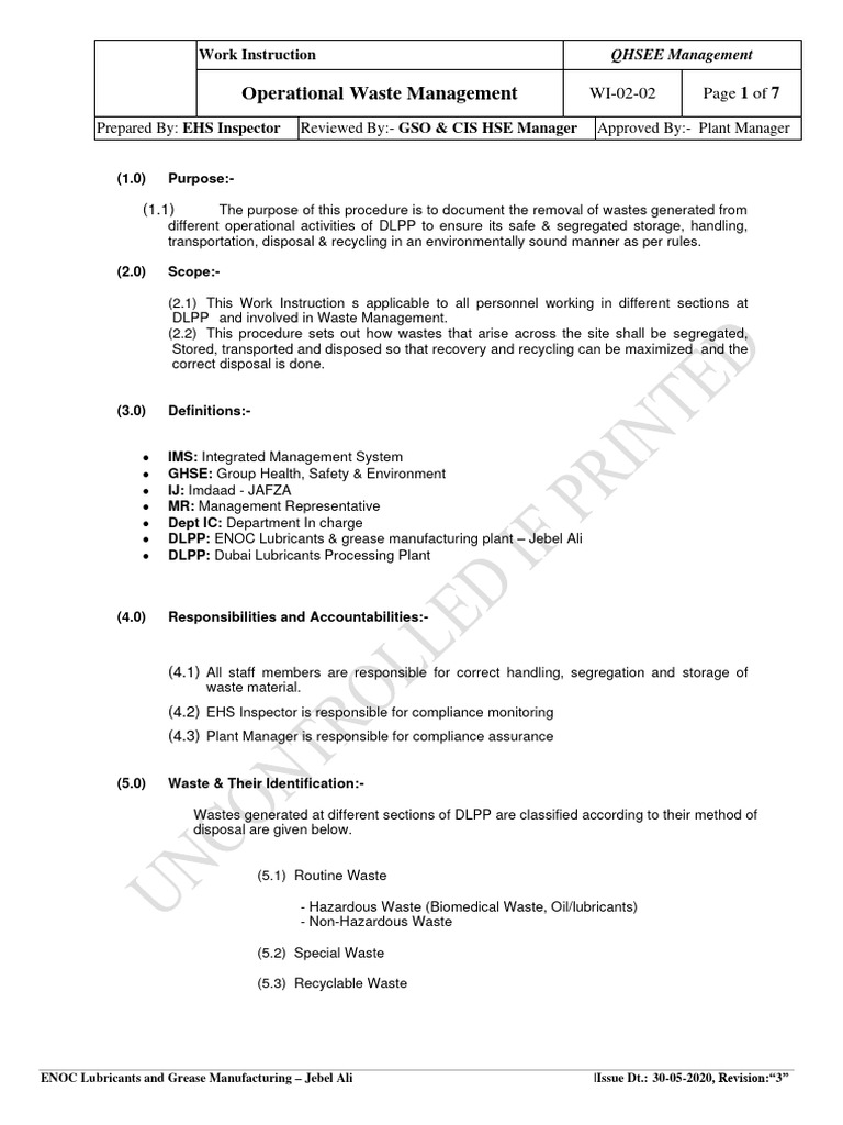 New WI-02-02 Operational Waste Management Rev. 3 | PDF | Waste | Waste ...