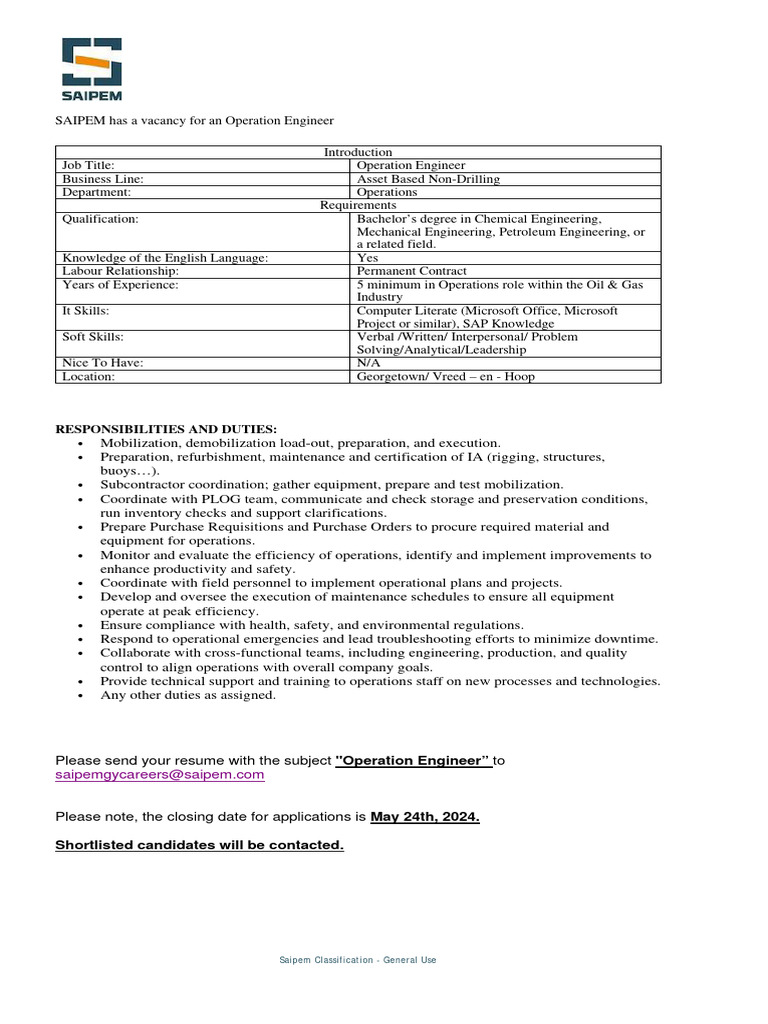 Operation Engineer 1 | PDF | Engineering | Business