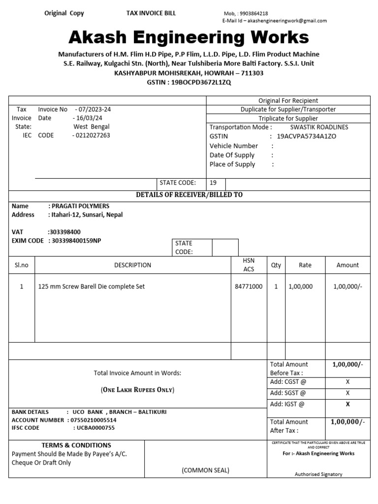 Pragati Polymers INVOICE 07 2024 | PDF | Money | Government Finances