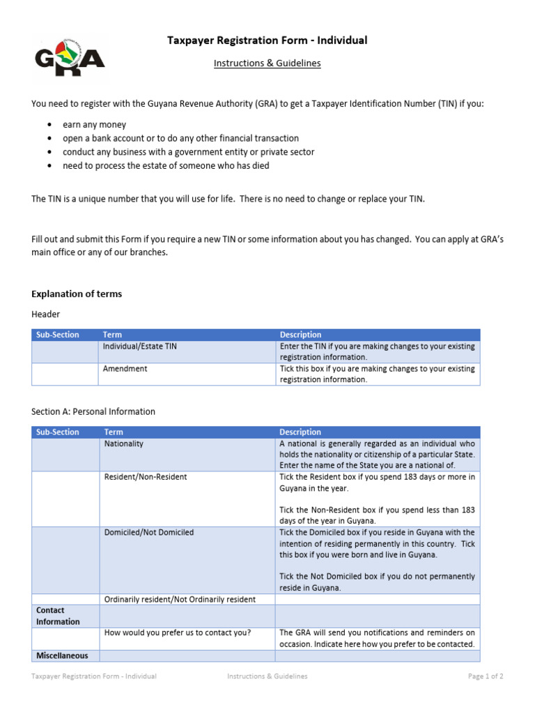 Taxpayer Registration Form Individual Guide | PDF | Taxation | Payments
