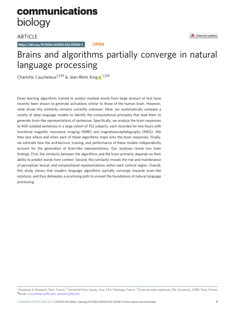Caucheteux, King - 2022 - Brains and Algorithms Partially Converge in Natural Language ...