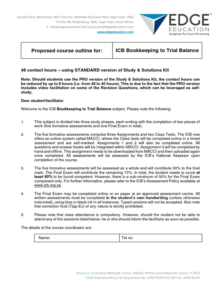 ICB Bookkeeping To Trial Balance Course Outline 2024 | PDF