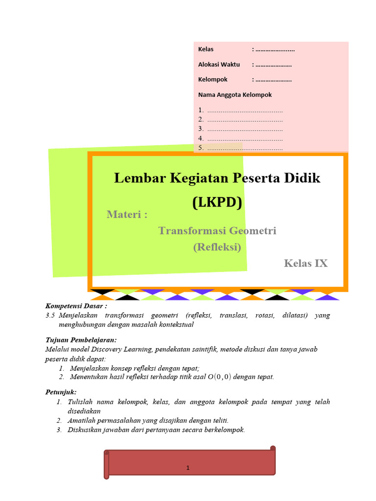 LKPD Transformasi Geometri (Refleksi) | PDF | Metode & Bahan Ajar