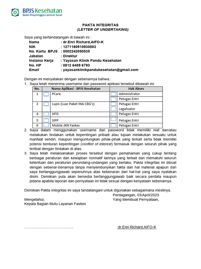 PAKTA INTEGRITAS FKTP Komplit 2023 | PDF