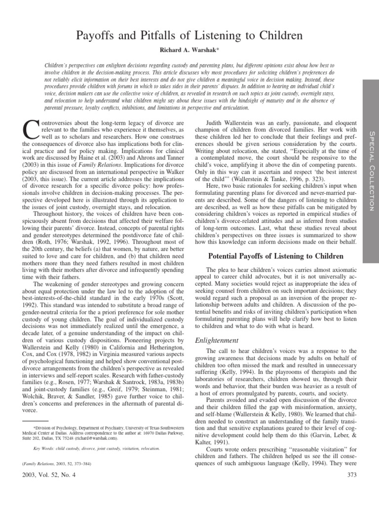 PAS Payoffs and Pittfalls Listening To Children Dr. Warshak IMP | PDF ...