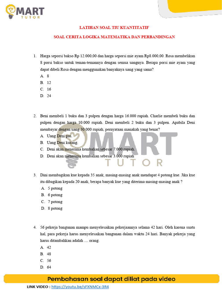 Soal Tiu Kuantitaif Hots - Soal Cerita Logika Matematika Dan Perbandingan | PDF