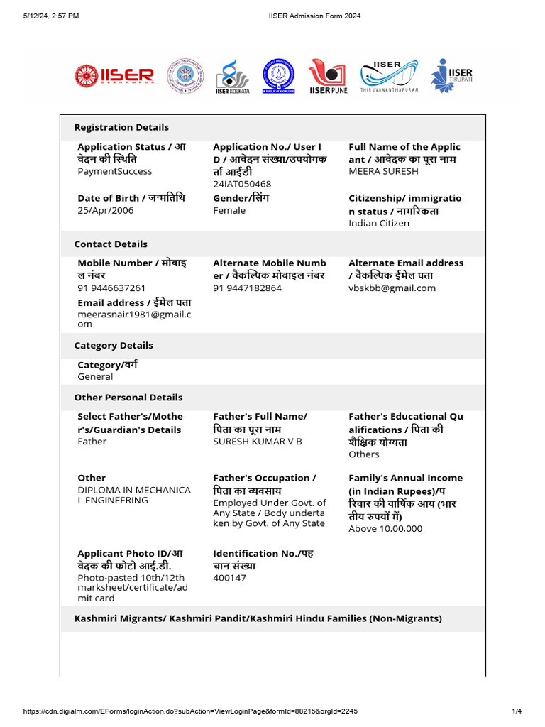 IISER Admission Form 2024 | PDF
