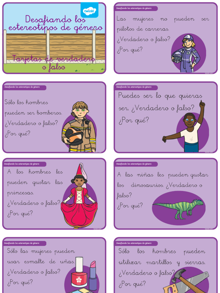 Tarjetas de Verdadero o Falso Desafiando Los Estereotipos de Genero 1 Ver 2 | PDF