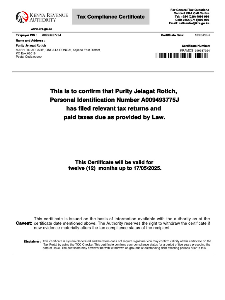 Tax Compliance Certificate - Purity | PDF