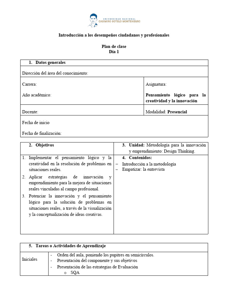 Plan de clase 1 | PDF | Creatividad | Evaluación