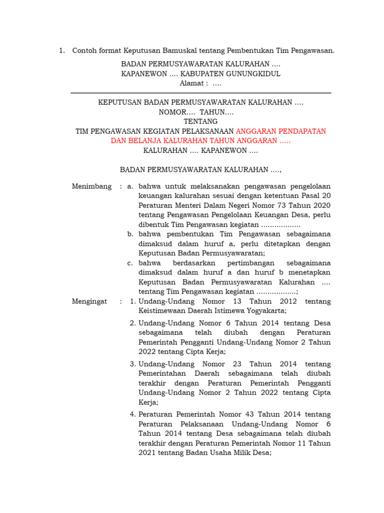Contoh Format Keputusan Bamuskal Tentang Pembentukan Tim Pengawasan | PDF