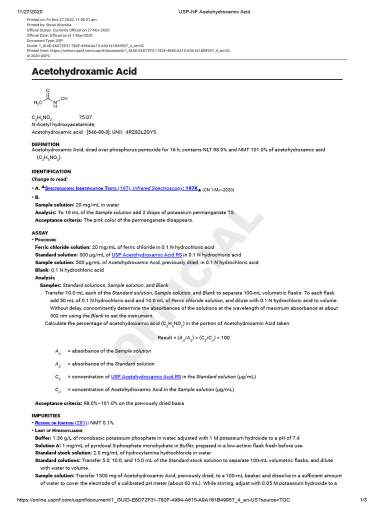 USP-NF Acetohydroxamic Acid | PDF | Ph | Buffer Solution