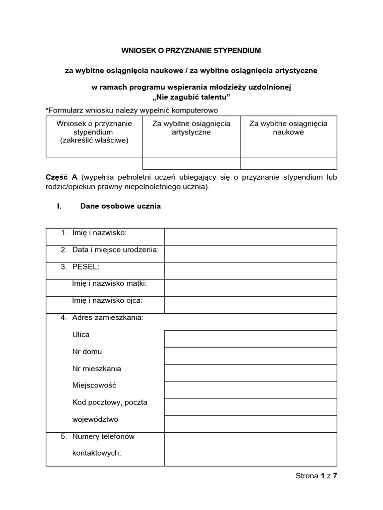 Wniosek o Przyznanie Stypendium | PDF