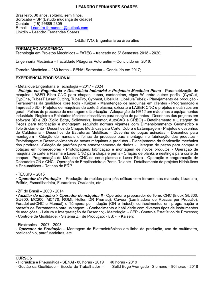 CURRICULO - LEANDRO FERNANDES SOARES - Eng | PDF | Impressão 3D | Engenharia
