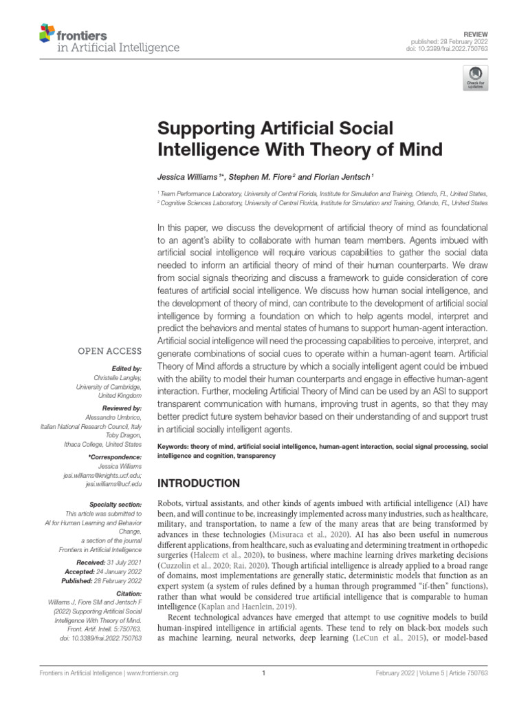 Artificial Social Inteligence | PDF | Theory Of Mind | Intelligence