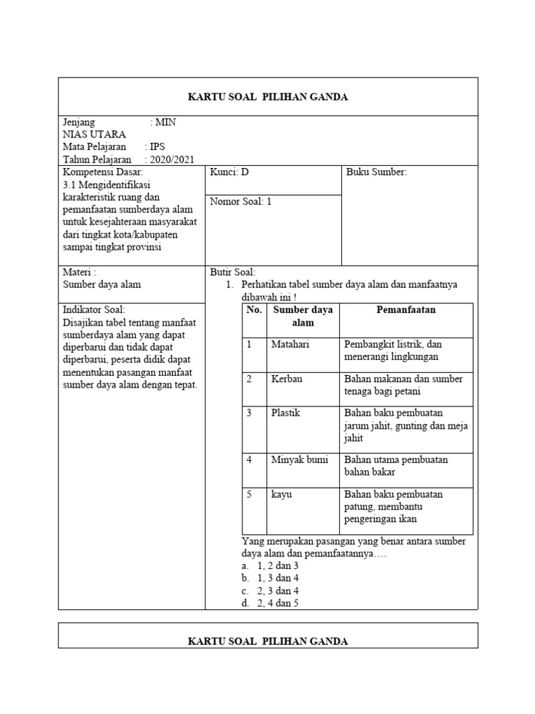 KARTU SOAL PILIHAN GANDA Ips | PDF