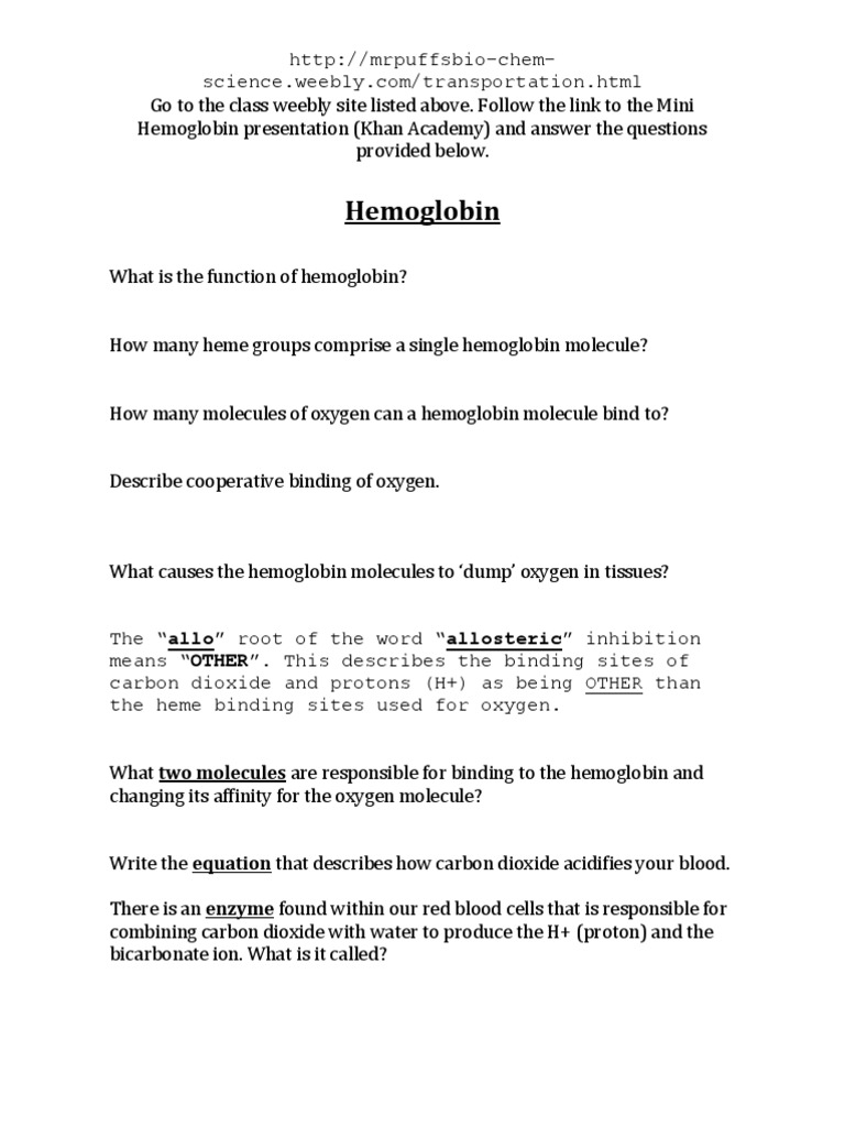 Hemoglobin Worksheet Khan Academy Video | PDF | Hemoglobin | Carbon Dioxide