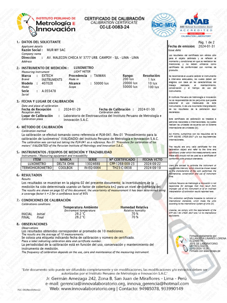 Certificado de Calibración Luxómetro Extech 407026 | PDF | Teoría de la ...
