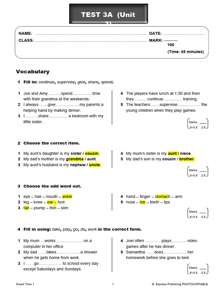 1 Smart Time 1 Test 3a | PDF