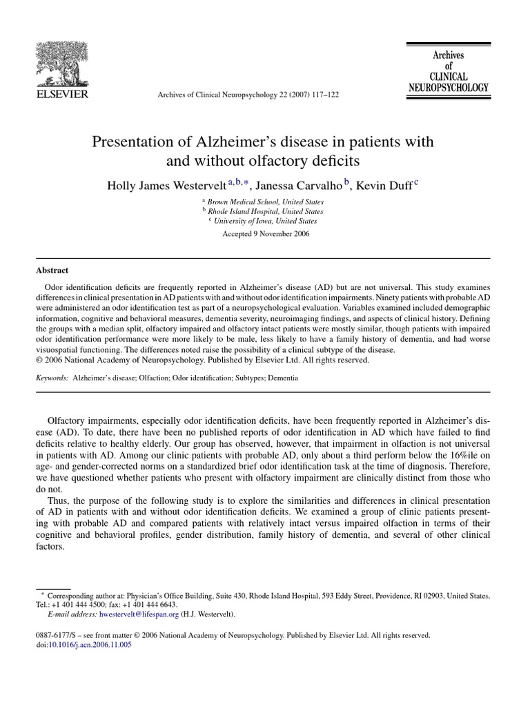 Alzheimer's Disease and Olfactory Deficits | PDF | Dementia | Alzheimer ...