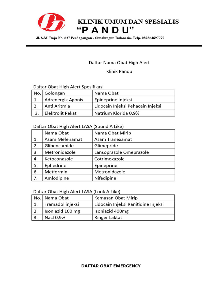 Daftar Obat High Alert Pandu | PDF