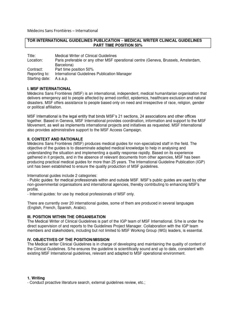 TOR Medical Writer Clinical Guidelines - May 2020DEF | PDF | Médecins Sans Frontières