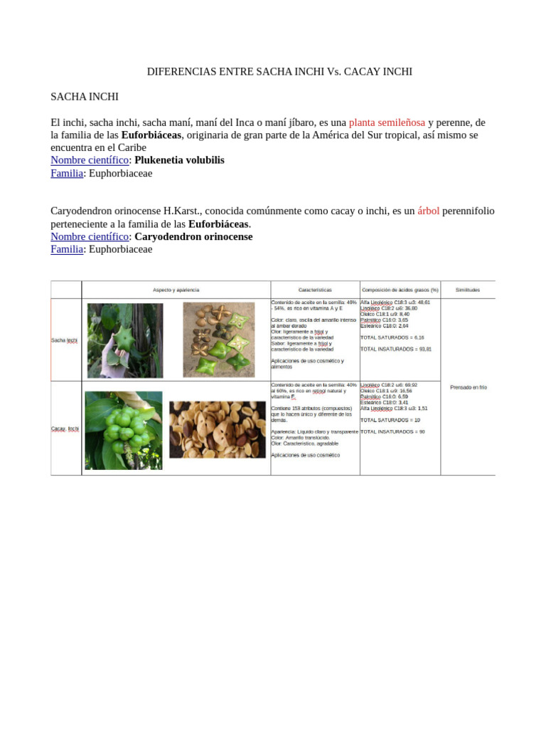 Diferencias Sacha Inchi vs Cacay | PDF