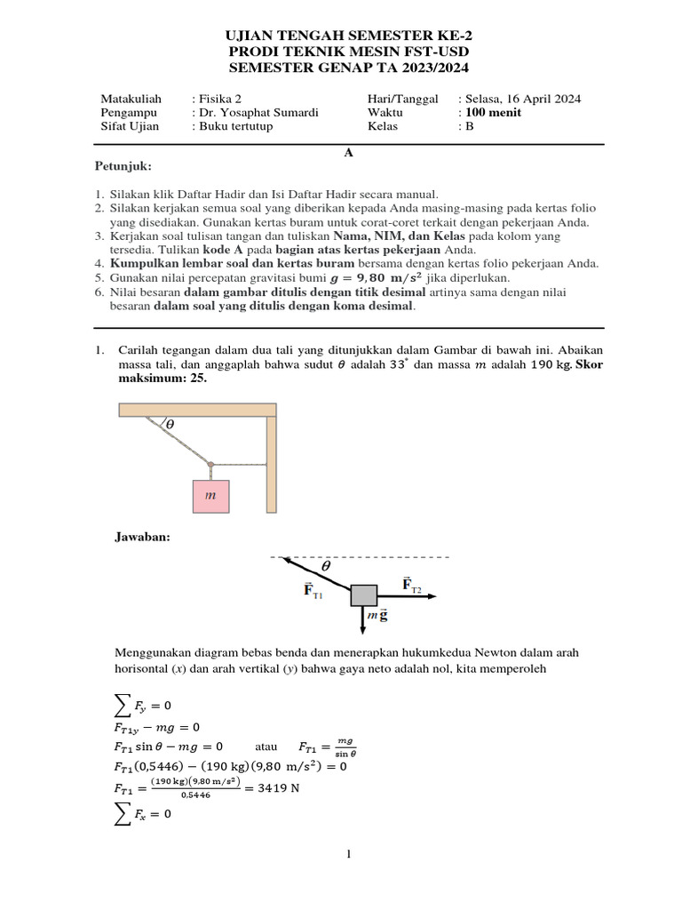 UTS 2 Fisika 2 Kelas B 16 April 2024 Kunci Mhs | PDF | Metode & Bahan Ajar | Sains & Matematika
