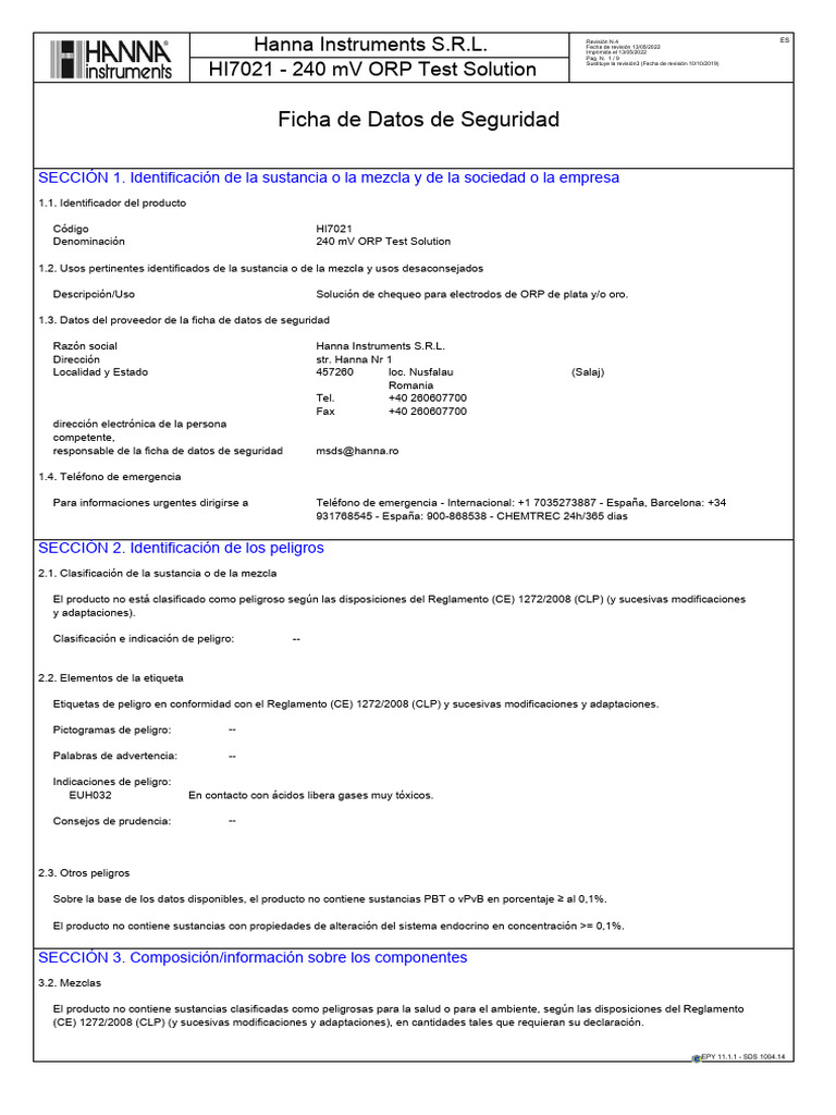 Hoja de Seguridad HI7021 | PDF | Agua | Toxicidad