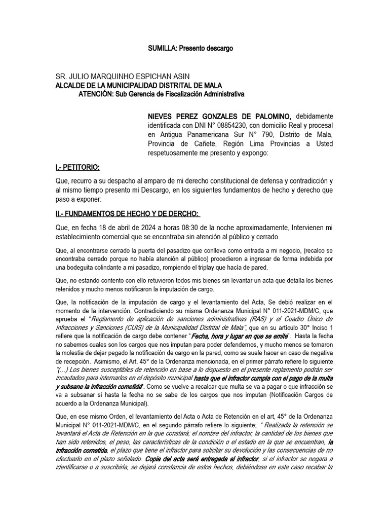 MODELO DE DESCARGO DE MULTA | PDF | Regulación | Gobierno