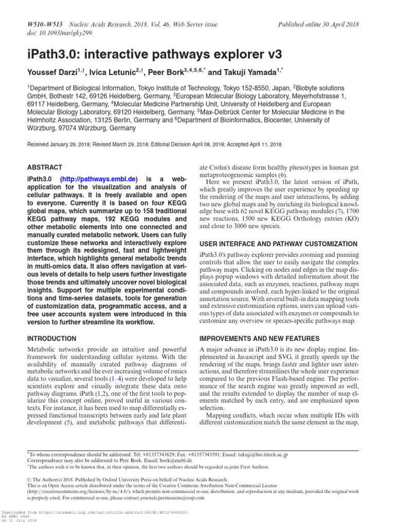 Ipath3.0: Interactive Pathways Explorer V3: Youssef Darzi, Ivica Letunic, Peer Bork and Takuji ...