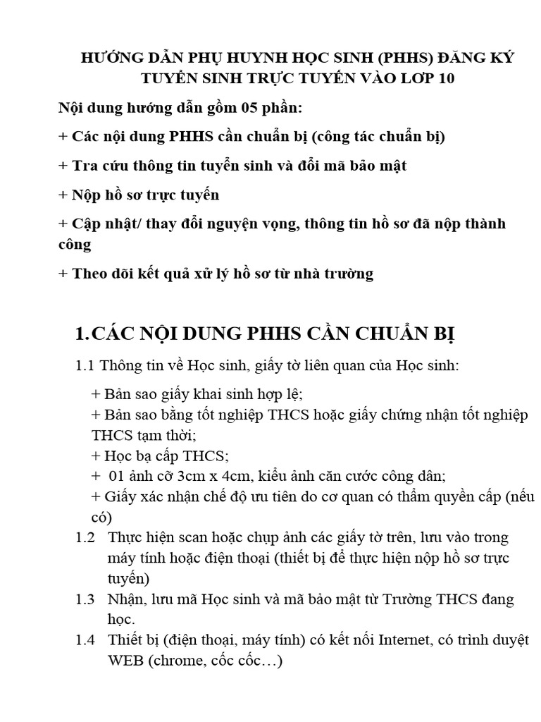 Huong Dan PHHS Dang Ky Tuyen Sinh Vao 10 | PDF
