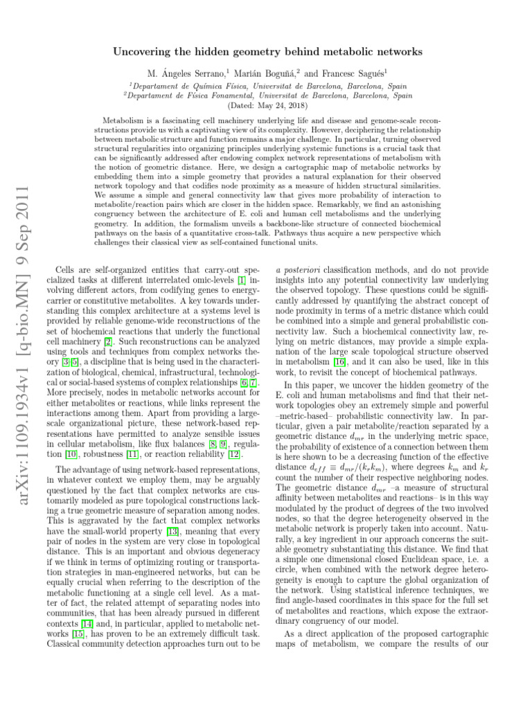 Uncovering The Hidden Geometry Behind Metabolic Networks | PDF | Receiver Operating ...